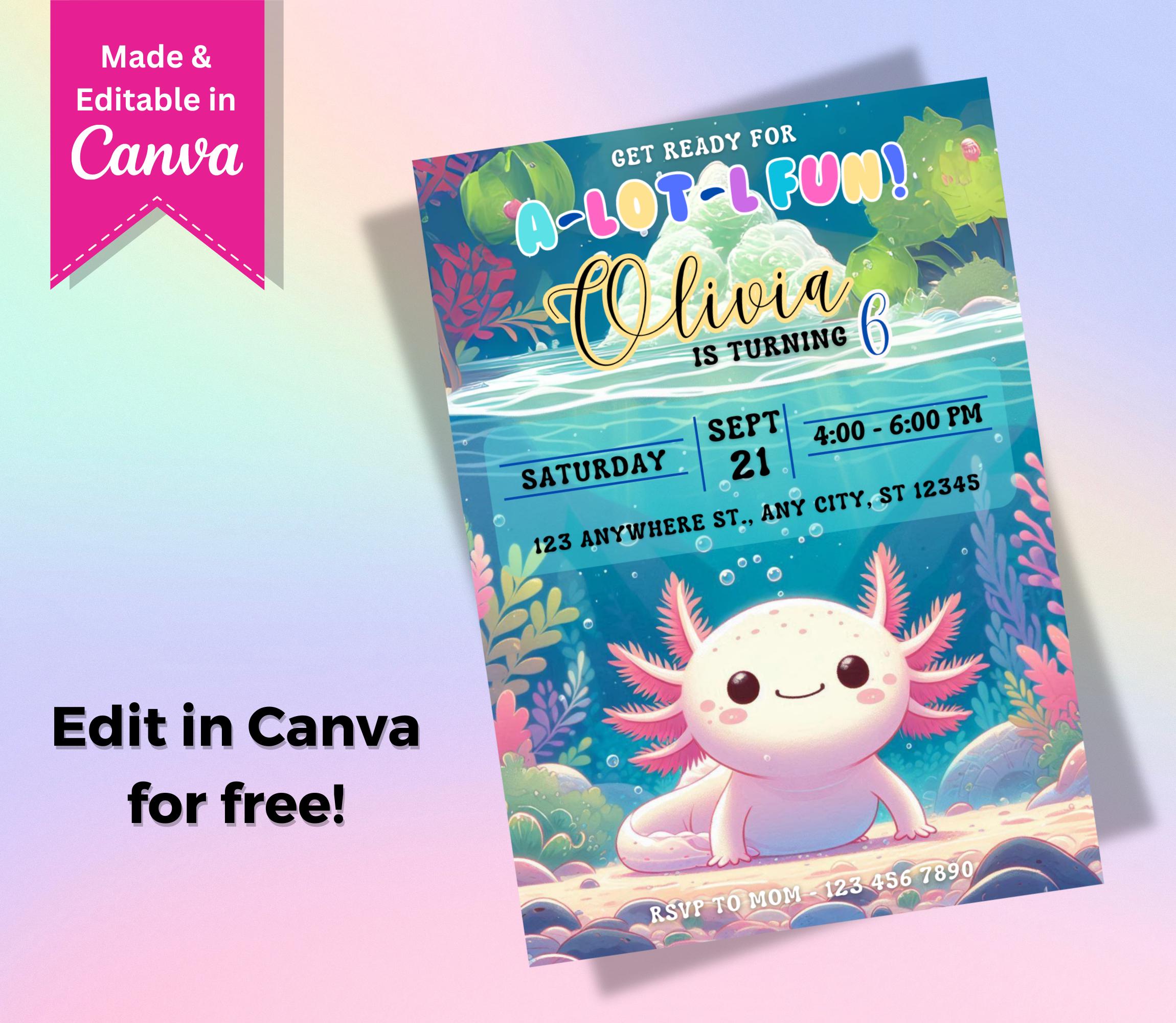 Invitación de cumpleaños de axolotl pastel para niña Invitación de ...