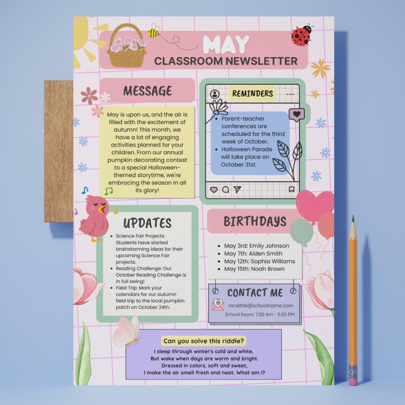 Editable May Spring Classroom Newsletter Template Monthly Teacher ...