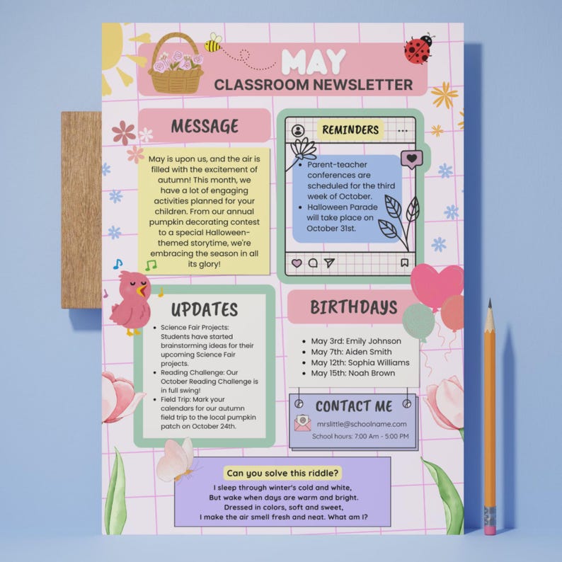 Editable May Spring Classroom Newsletter Template Monthly Teacher ...
