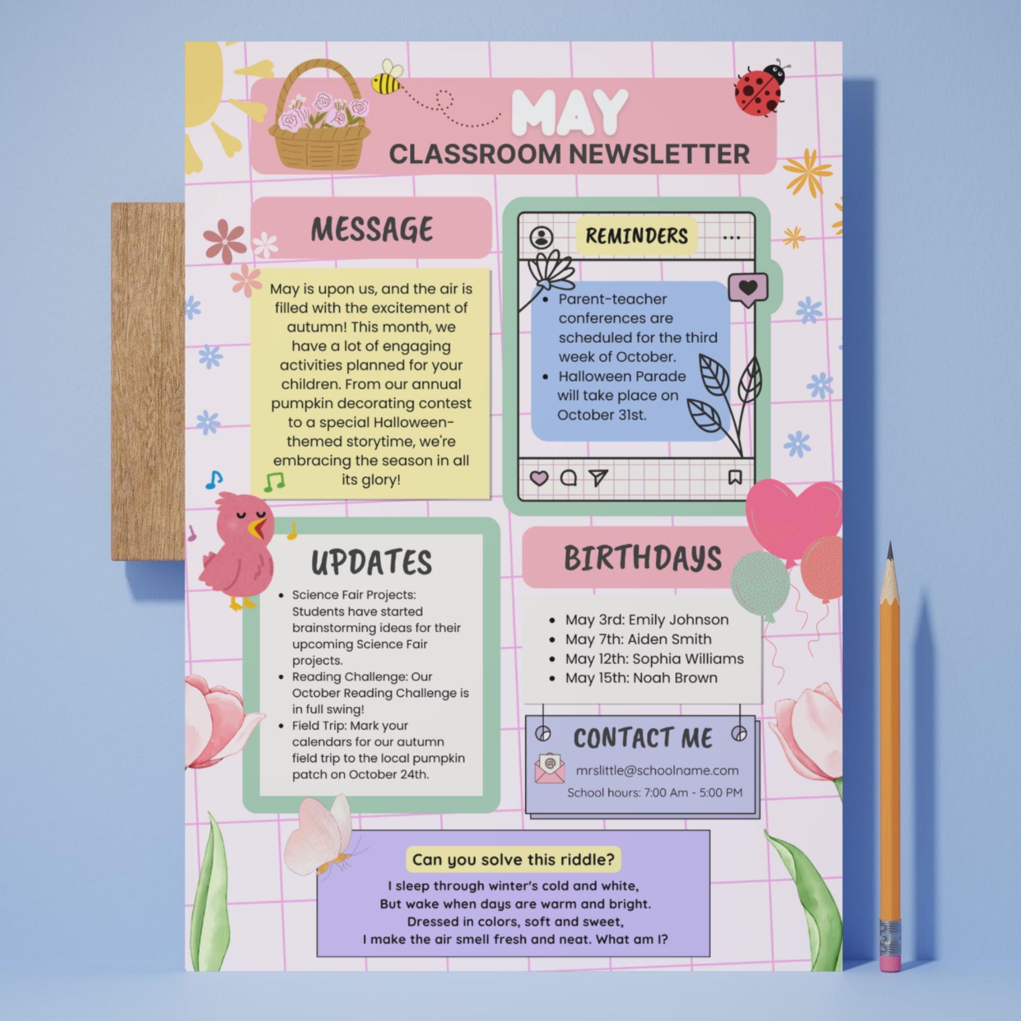 Editable May Spring Classroom Newsletter Template Monthly Teacher ...