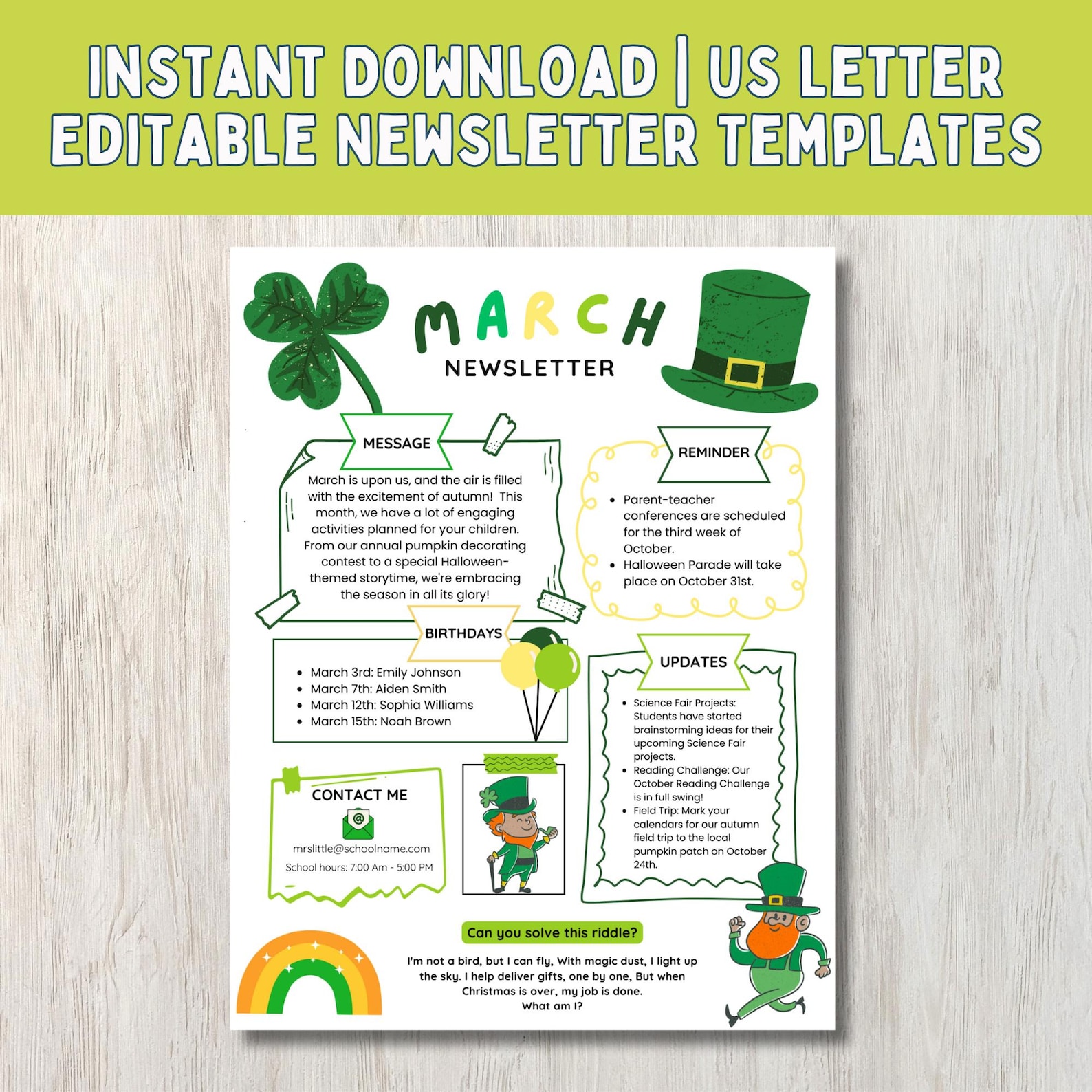March Classroom Newsletter Template, Printable Monthly Teacher ...