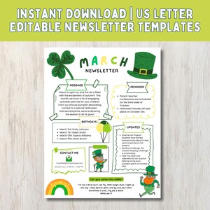 March Classroom Newsletter Template Printable Monthly Teacher Template ...