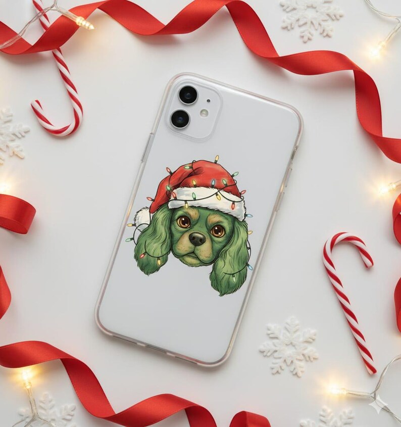 Printable Christmas Art: Green Cavalier Dog With Santa Hat & String ...