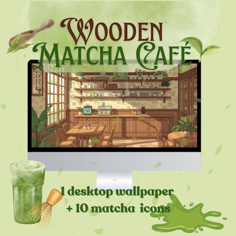 Wooden Matcha Cafe Desktop Wallpaper & Icons | Aesthetic Digital ...