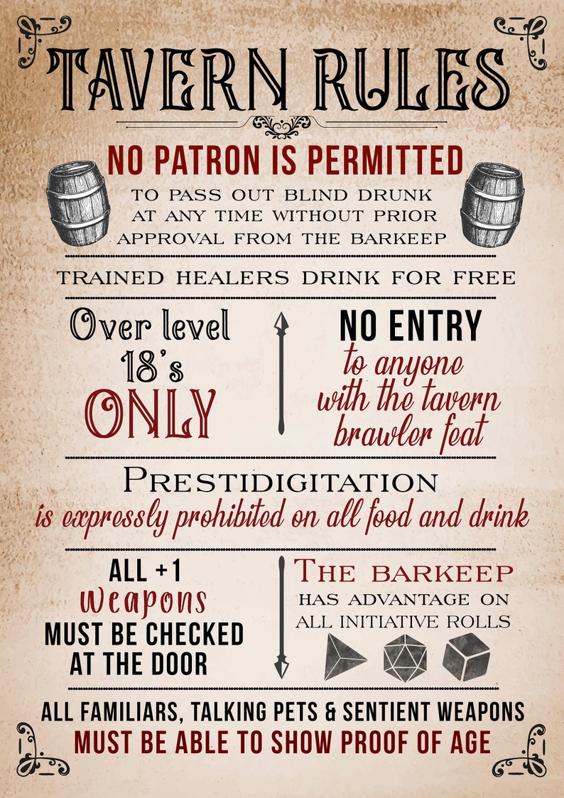 Tavern Rules DND Poster Fantasy Poster DND Wall Art Role Playing ...