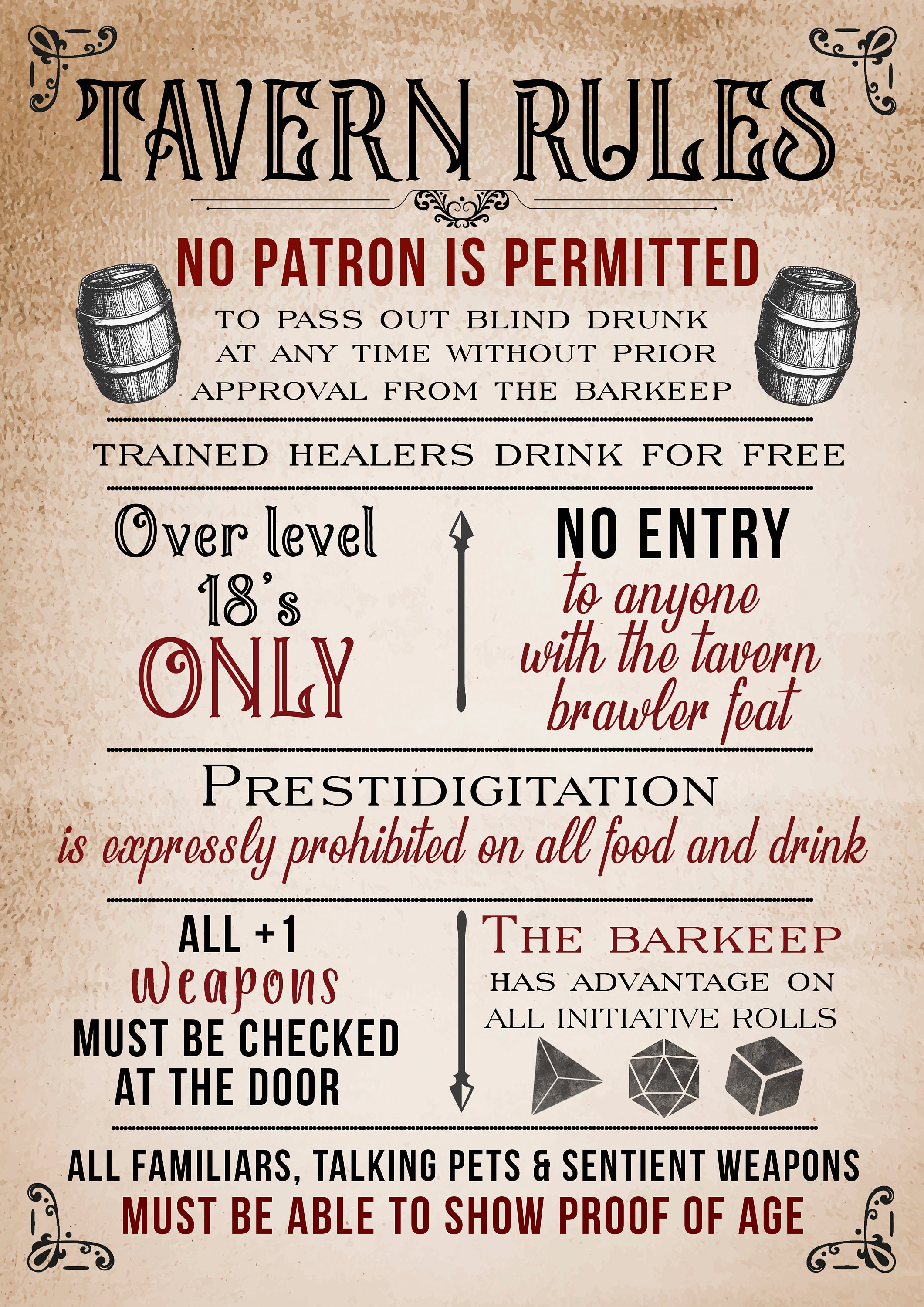 Tavern Rules Poster Fantasy Poster RPG Wall Art Role Playing Fantasy ...