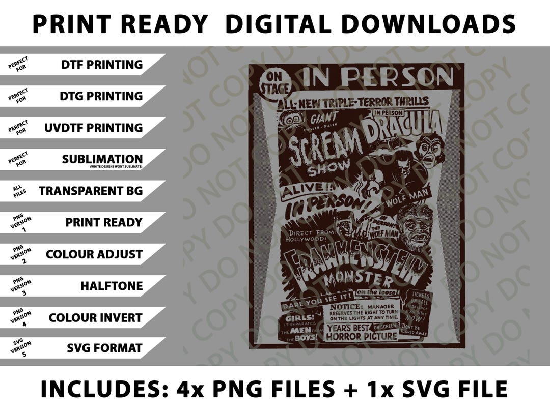 Vintage Horror Movie Monsters Wolfman Dracula Frankenstein Png Bundle ...