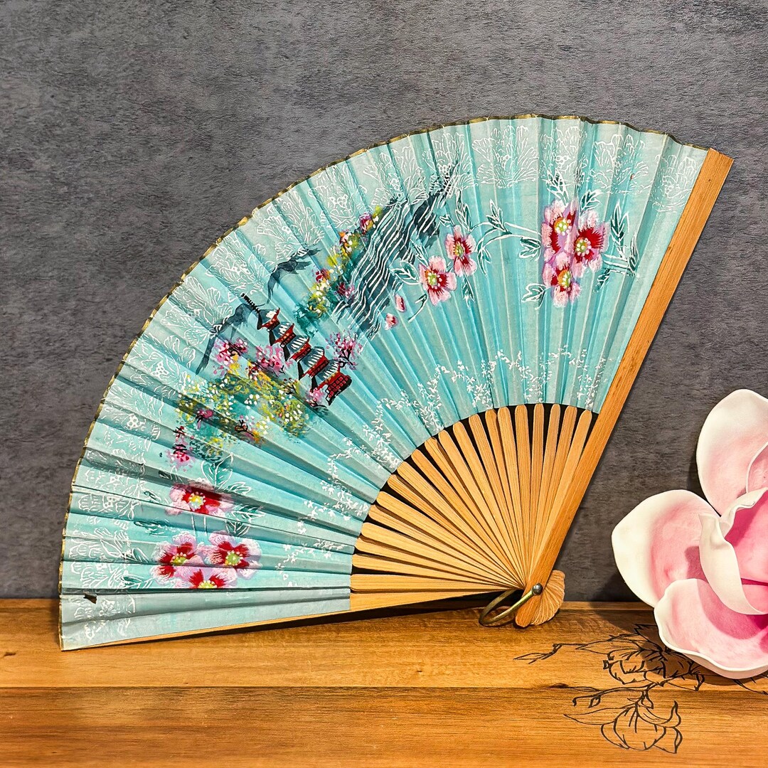 Vintage Hand Painted Japanese Paper and Bamboo Fan With Traditional ...