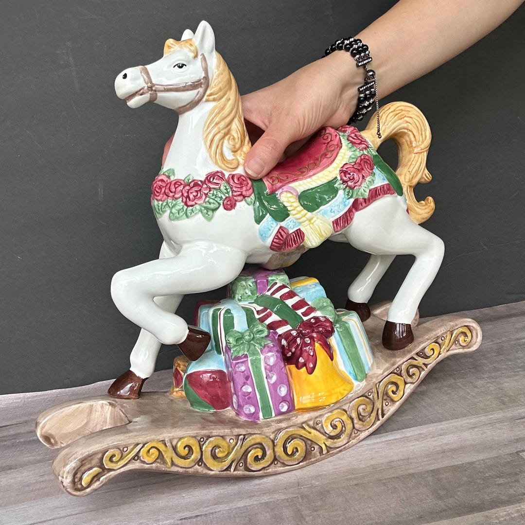 Vintage Rocking Horse Music Box Plays Jingle Bells Christmas Porcelain ...