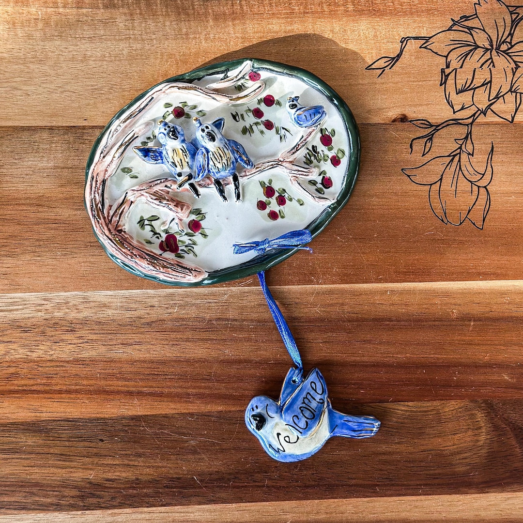 Vintage Ceramic Welcome Plaque Blue Sky Pottery Collectible Birds on A ...