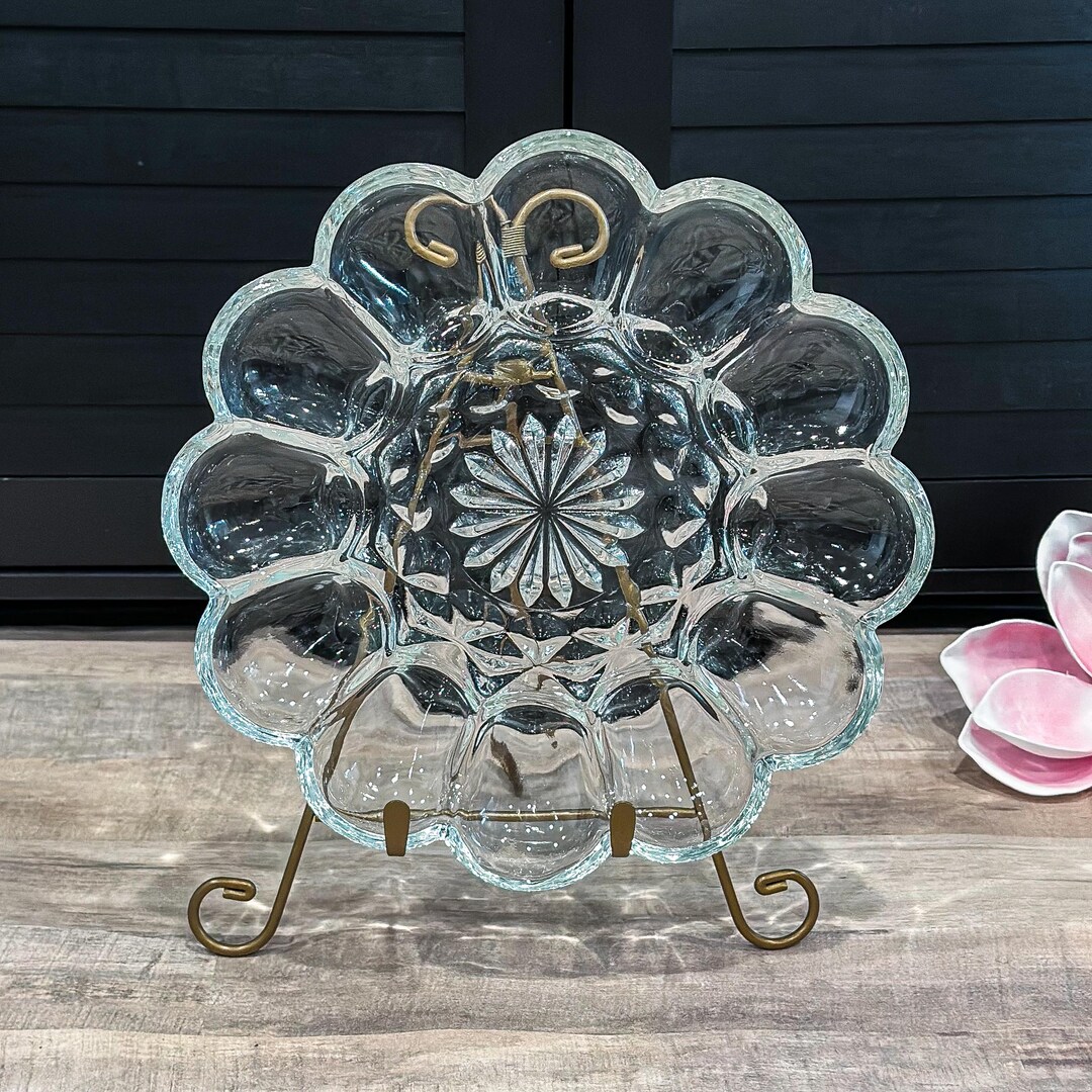 Vintage Glass Deviled Egg Plate Deviled Egg Serving Platter Retro Glass ...
