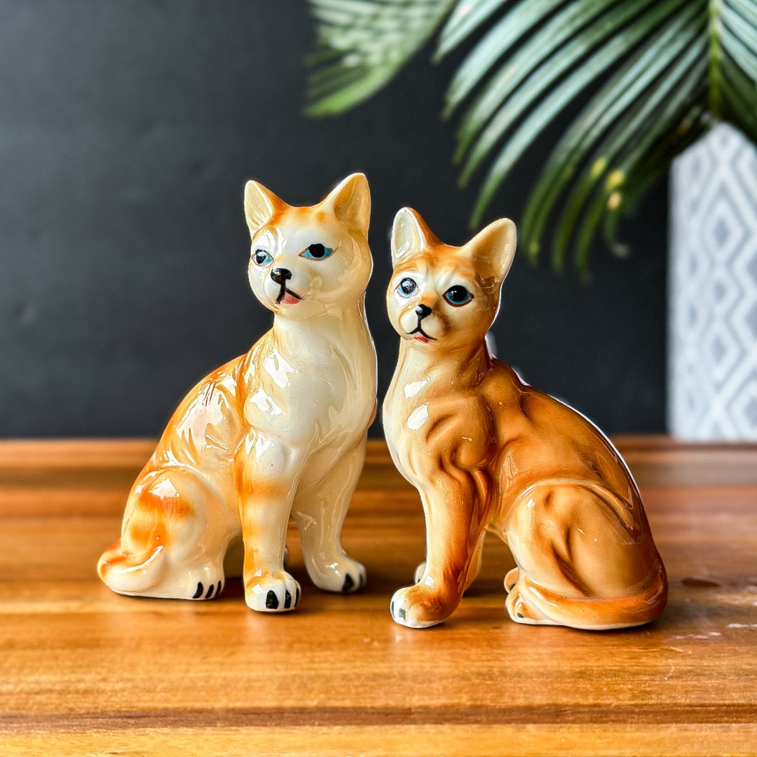 Vintage Ceramic Ginger Cat Figurines Pair Whimsical Red Cat Home Decor ...