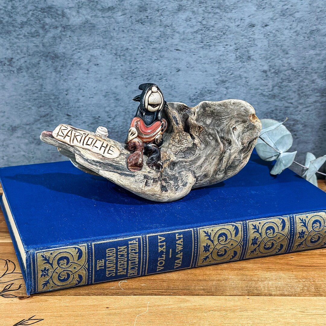 Vintage Bariloche Clay Figurine Witch on Driftwood Sculpture Argentina ...