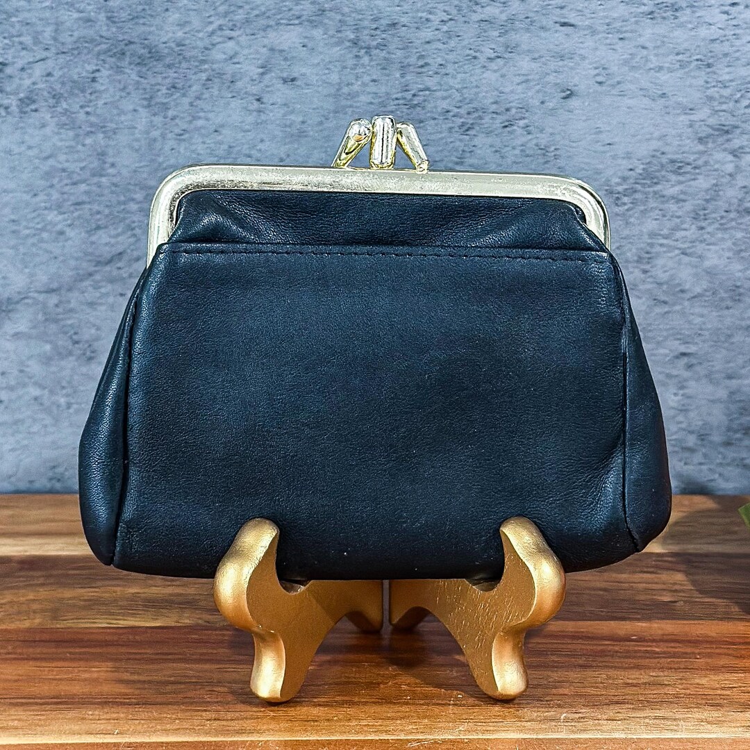 Vintage Buxton Double Kisslock Coin Purse Black Velvet Cowhide Leather ...