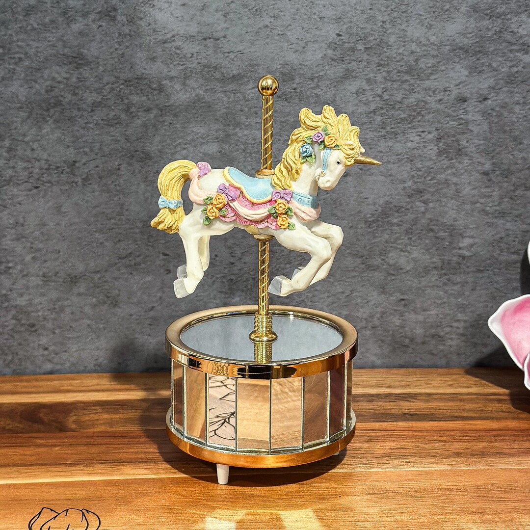 Vintage Rotating Horse Music Box Carousel Horse With Floral Details ...