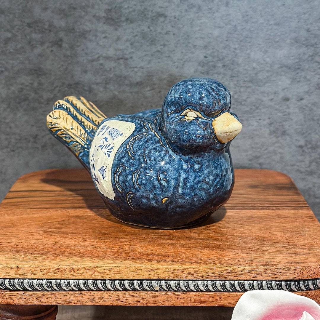 Vintage Ceramic Blue Bird Figurine Rustic Pottery Bird for Home Decor ...