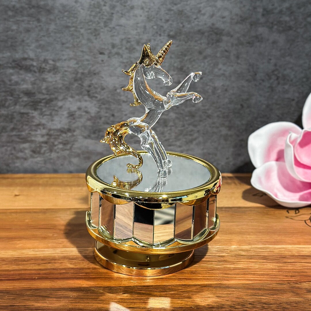 Vintage Rotating Glass Unicorn Music Box With Mirrored Base Decorative ...