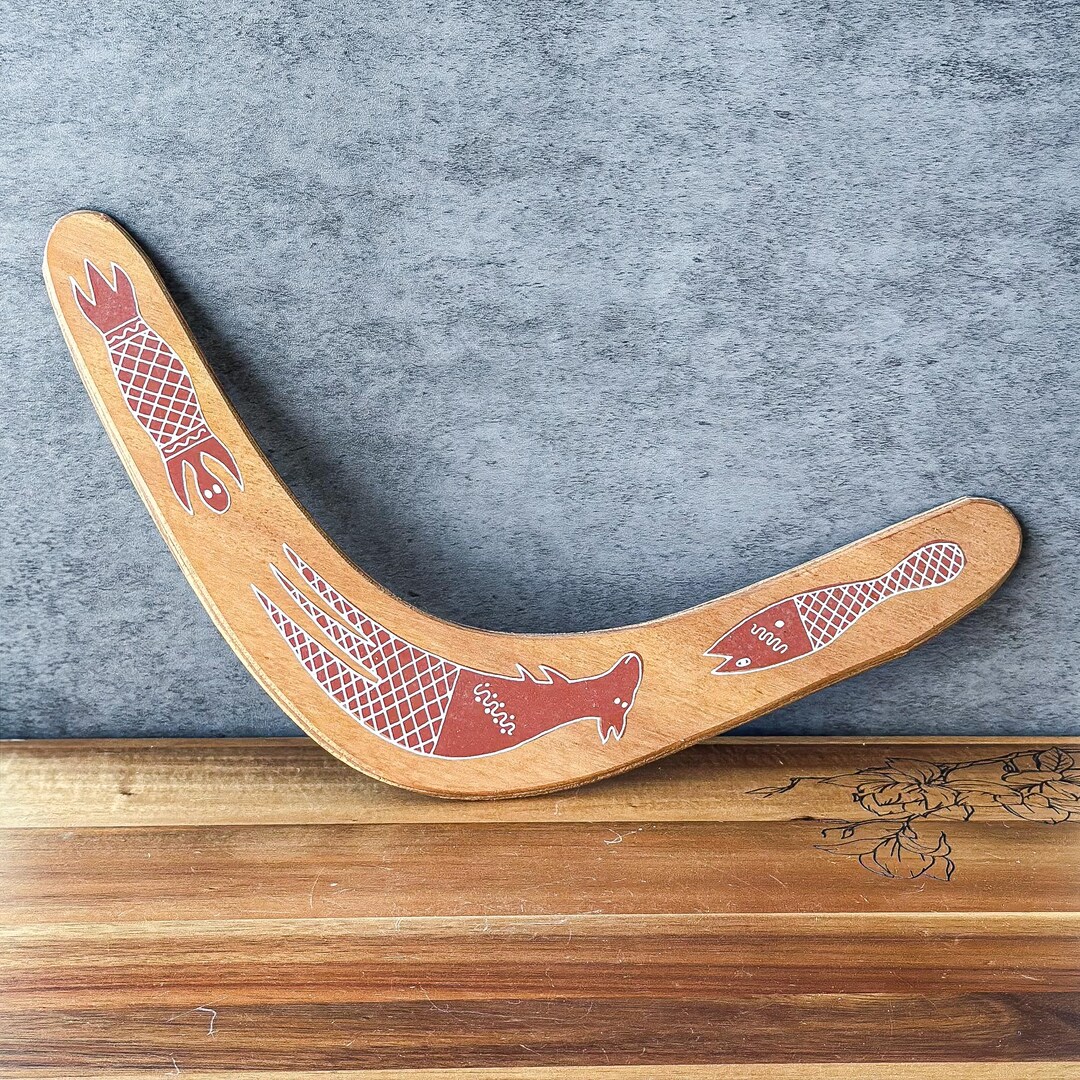 Vintage Wooden Australian Boomerang Hand Painted Lizard Kangaroo Fish ...