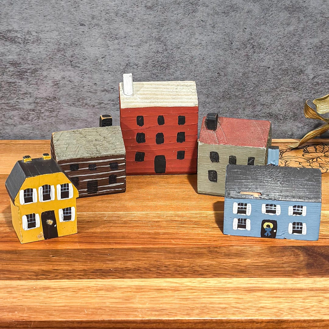 Vintage Hand-painted Wooden Block Houses Rustic Home Decor Wooden ...