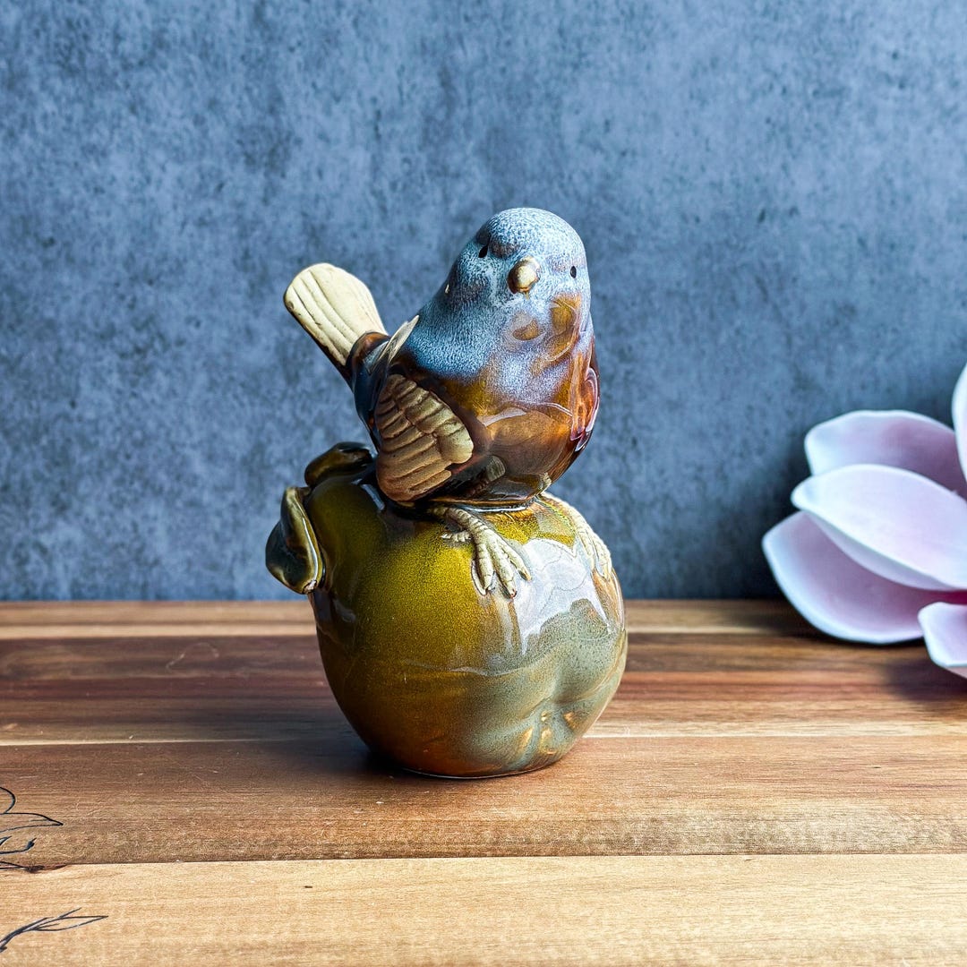 Vintage Glazed Ceramic Bird on Pear Figurine: Handcrafted Collectible ...