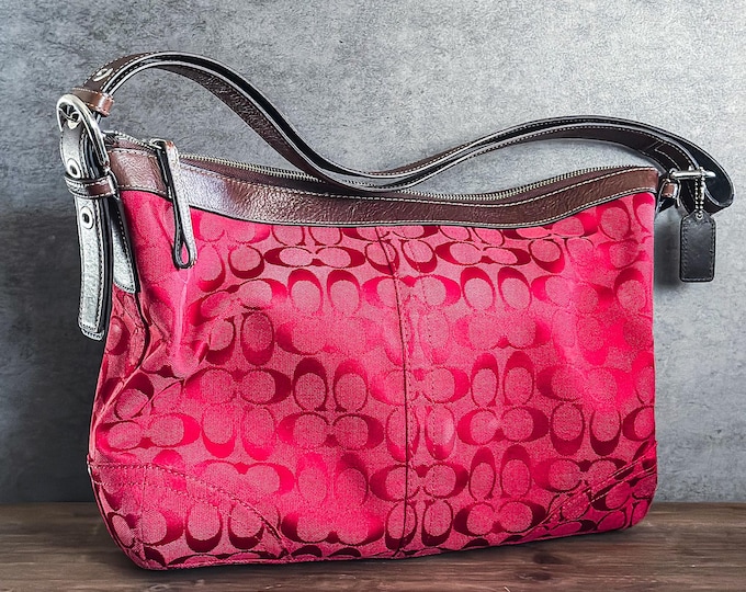 Y2K Coach Red Signature Canvas Shoulder Bag, 2008 Logo Hobo Purse With ...