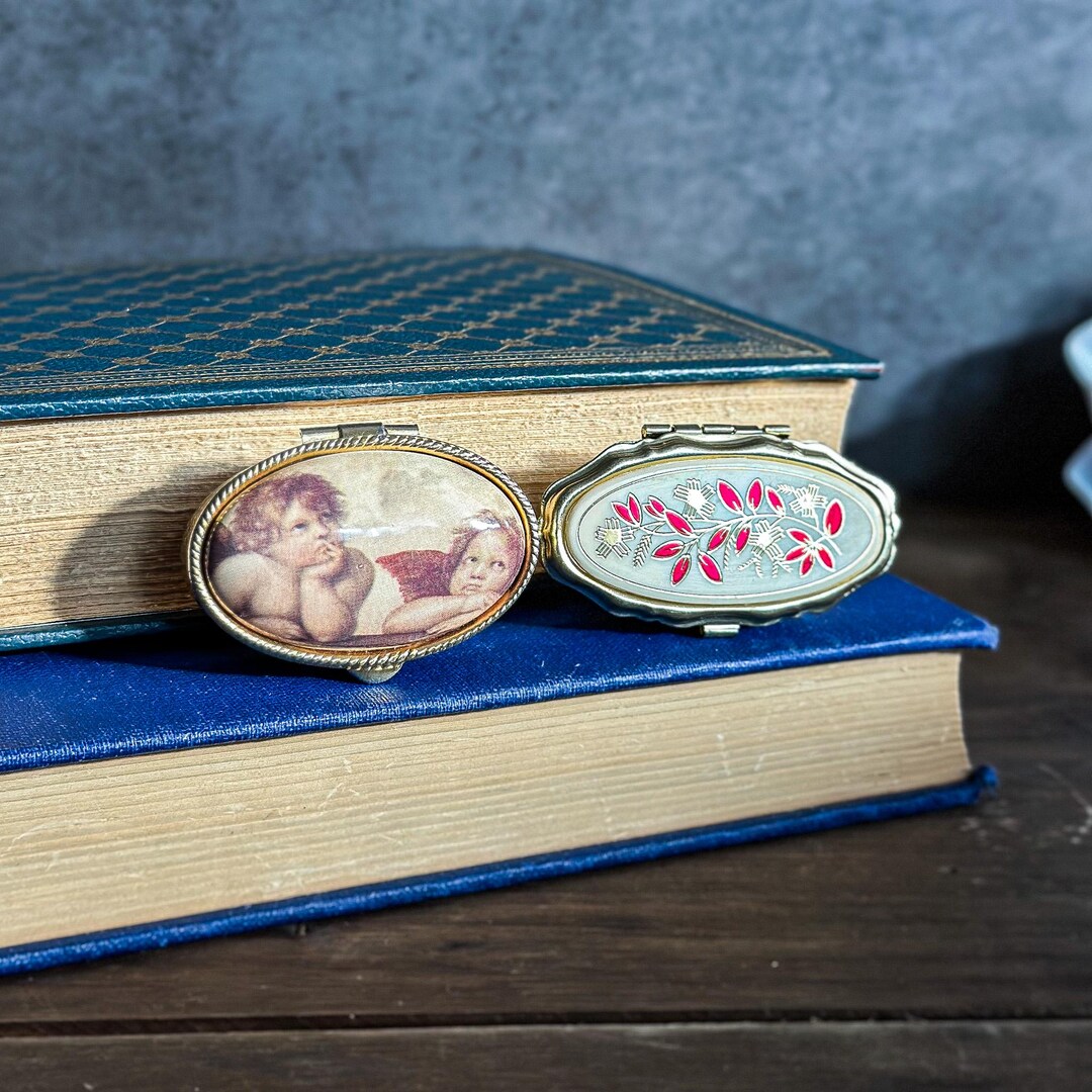 Set of 2 Vintage Pill Boxes: Floral Enamel Gold Tone and Cherub Mini ...