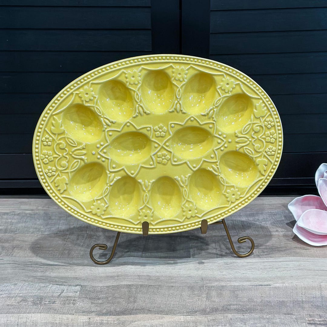 Yellow Ceramic Easter Egg Platter Deviled Egg Serving Tray Magenta Easter Serveware Holiday ...