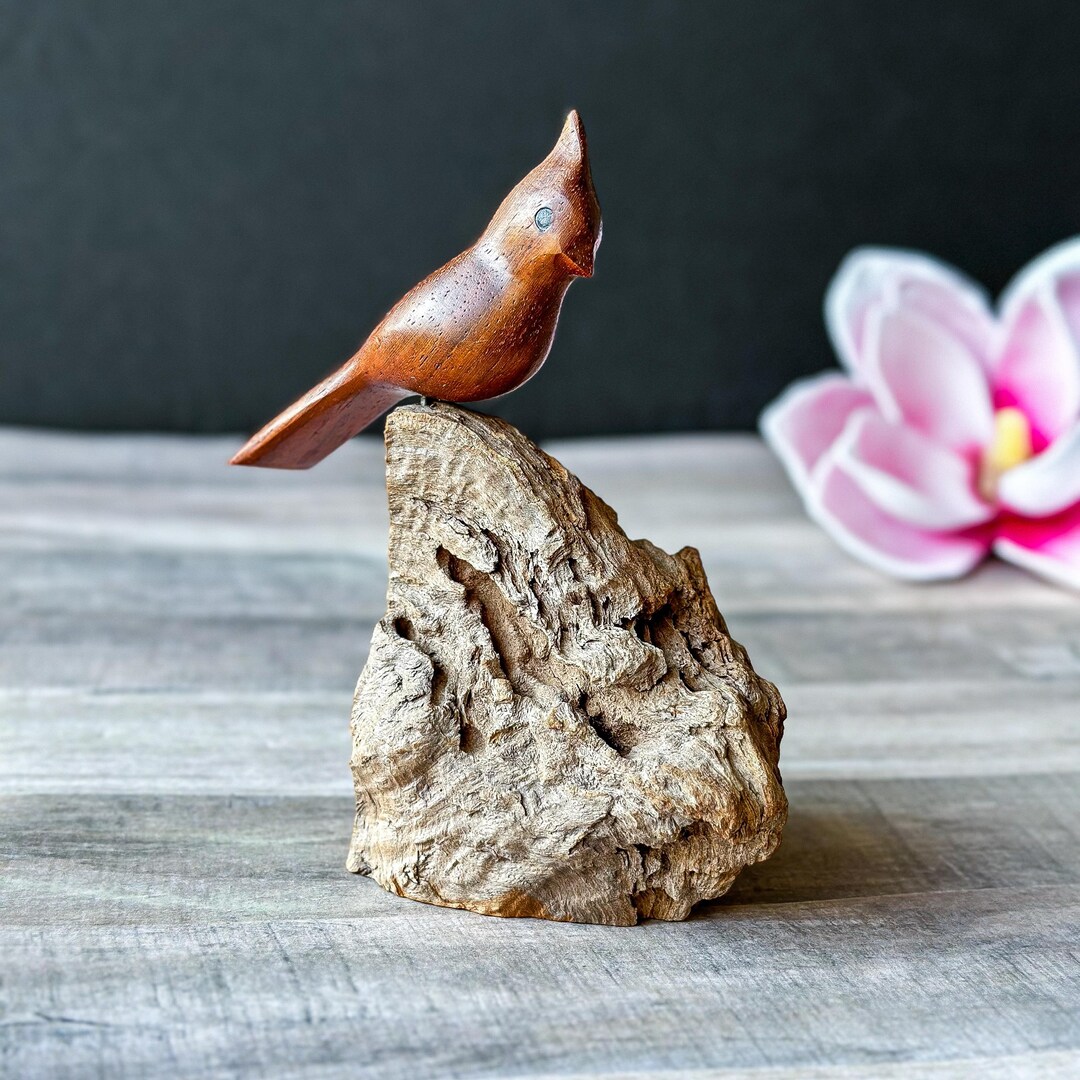 Vintage Carved Wooden Cardinal Bird Figurine With Rustic Driftwood Base ...