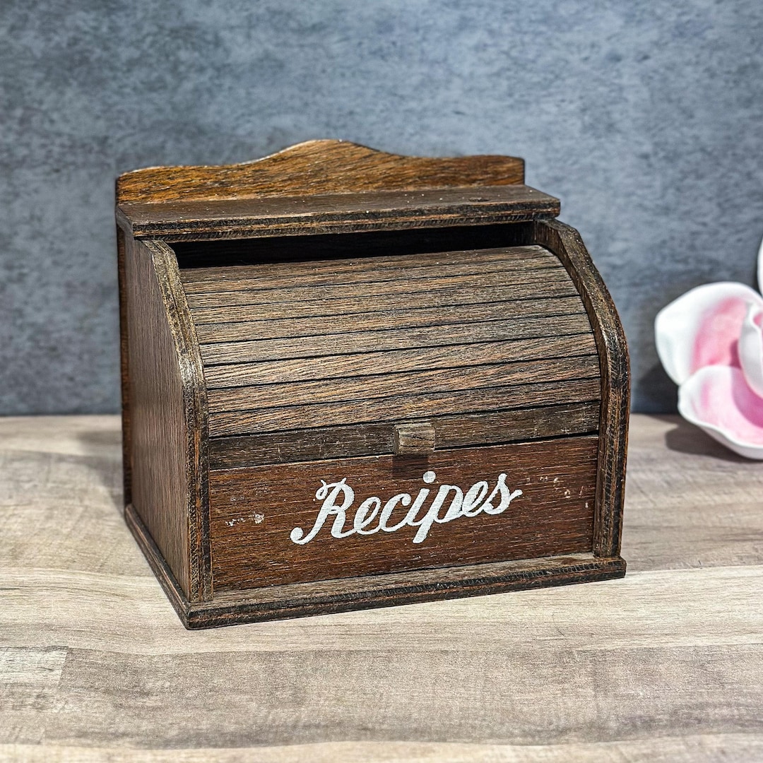 Vintage Wood Kitchen Recipe Card File Box With Roll Top Wood Kitchen ...