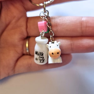 Handmade Cow and Milk Bottle Keychain Calf, Strawberry, Milkshake ...
