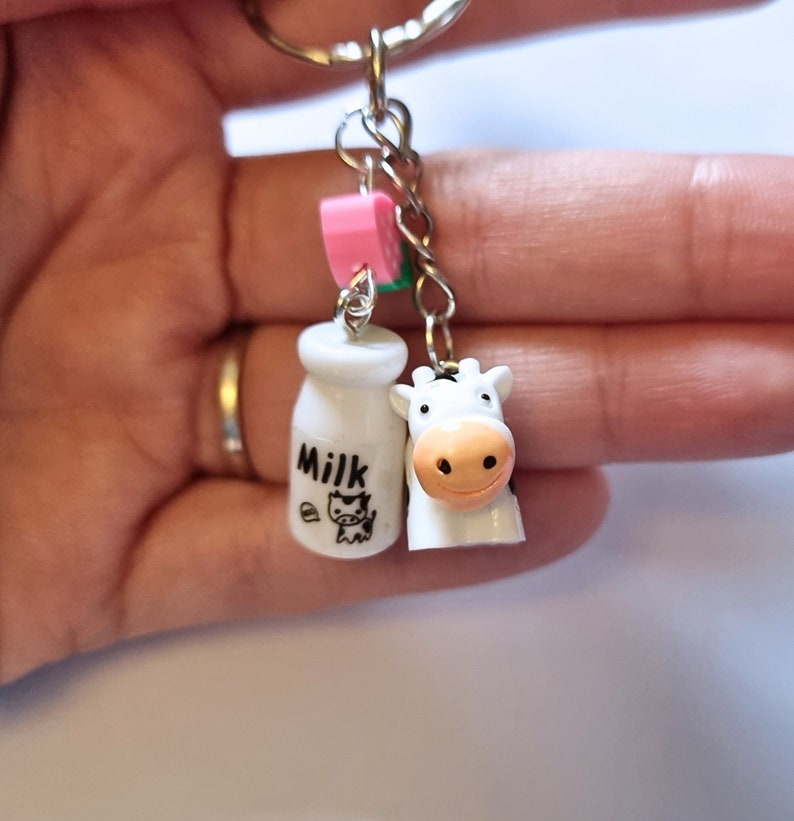 Handmade Cow and Milk Bottle Keychain Calf, Strawberry, Milkshake ...