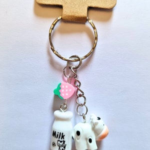 Handmade Cow and Milk Bottle Keychain Calf, Strawberry, Milkshake ...