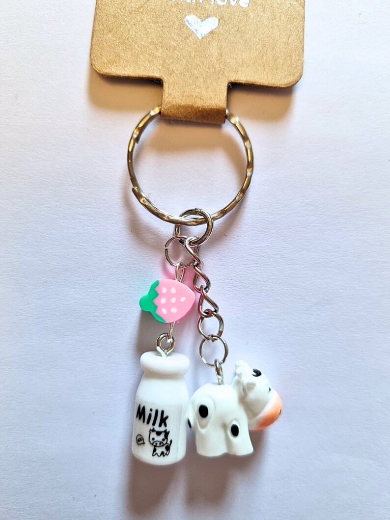 Handmade Cow and Milk Bottle Keychain Calf, Strawberry, Milkshake ...
