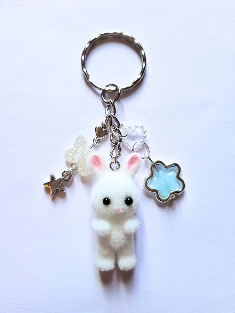 White Flocked Baby Rabbit Keychain | Keyring, Accessory, Cute, Kawaii ...