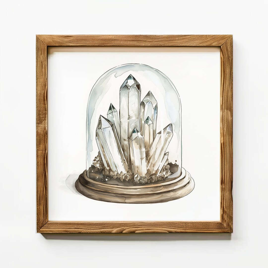 Crystal Cluster in Glass Dome Watercolor Art Print | Digital ...