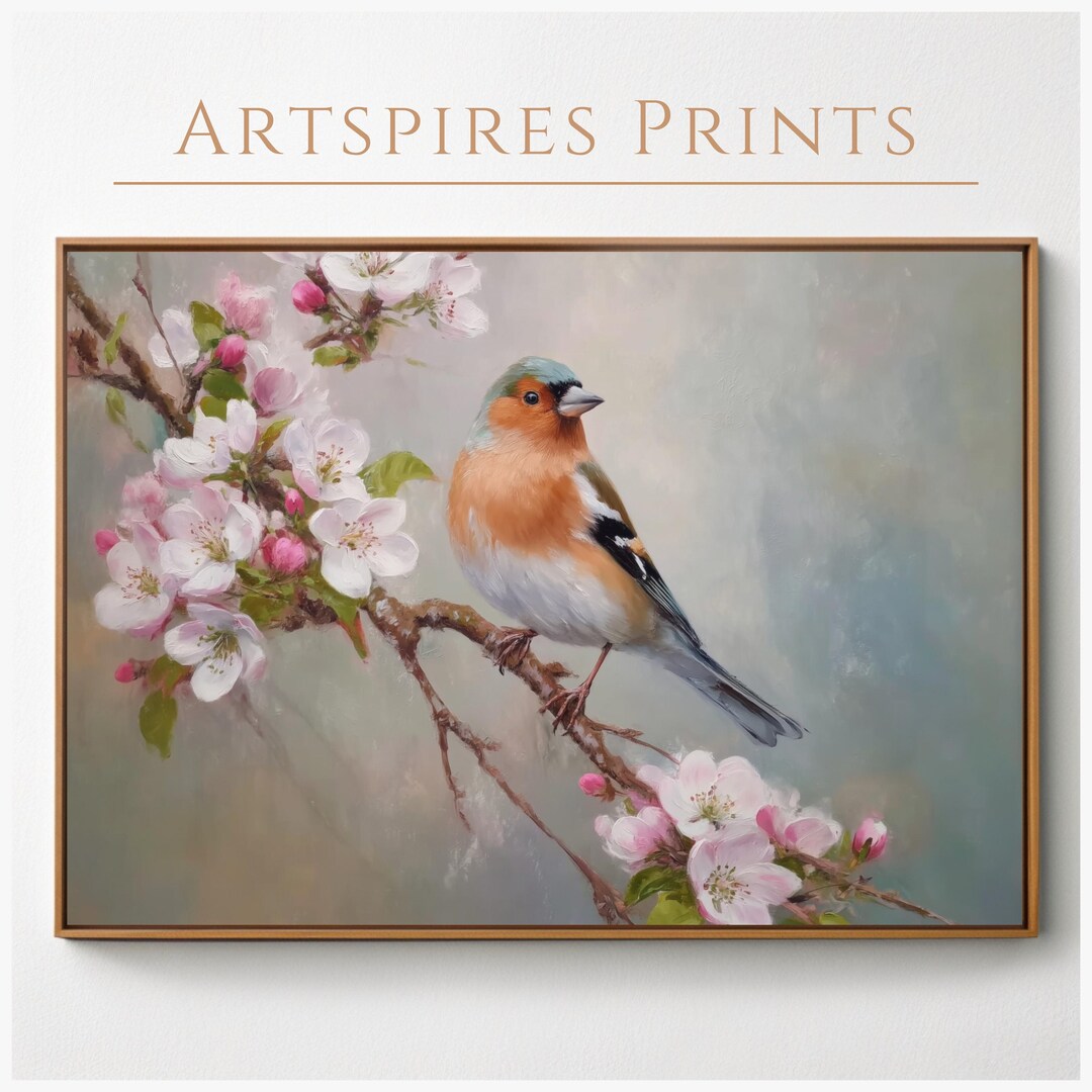 Vintage Spring Bird Painting, Cherry Blossom Wall Art, Pastel Bird ...