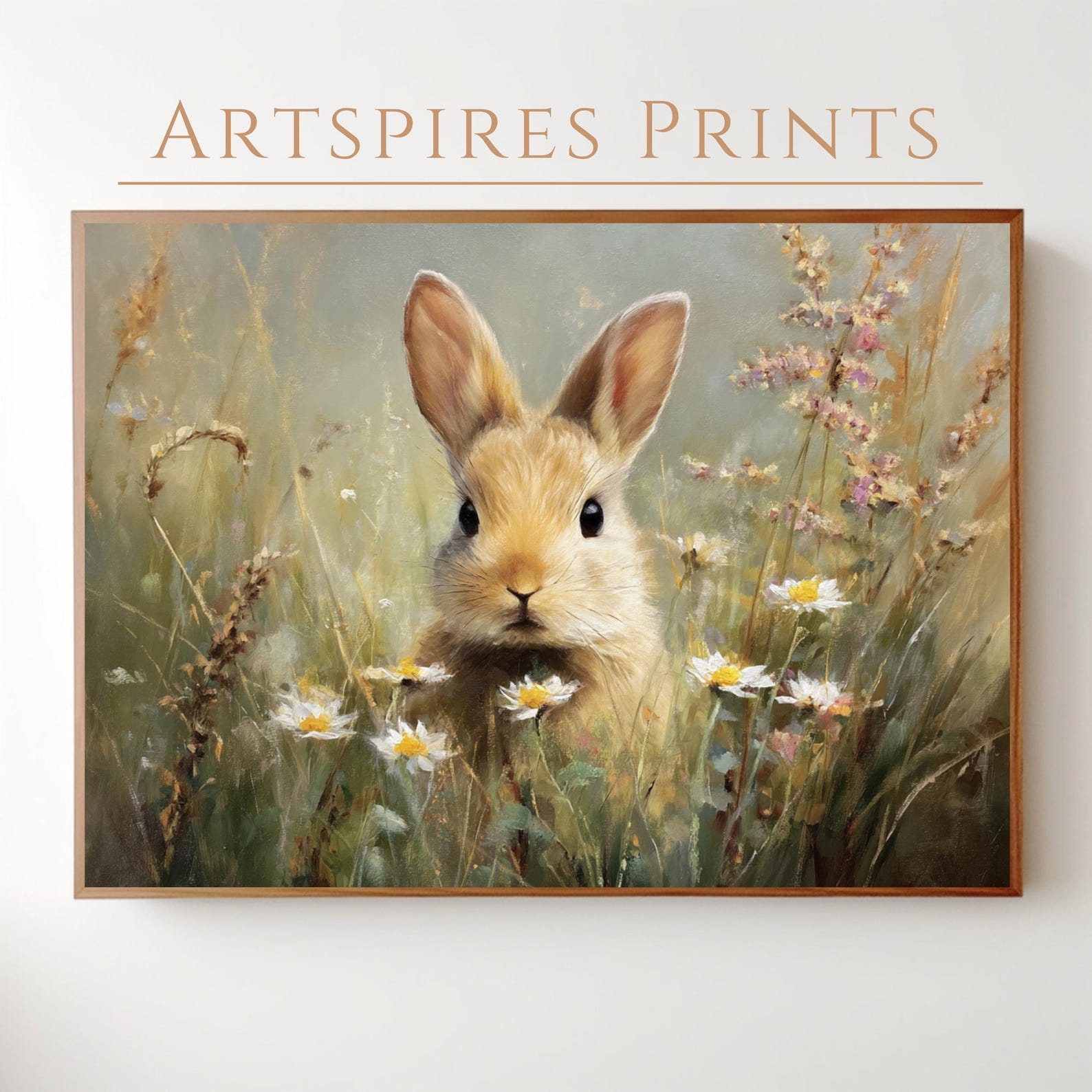 Spring Rabbit in Wildflower Field Printable, Easter Bunny Wall Decor ...