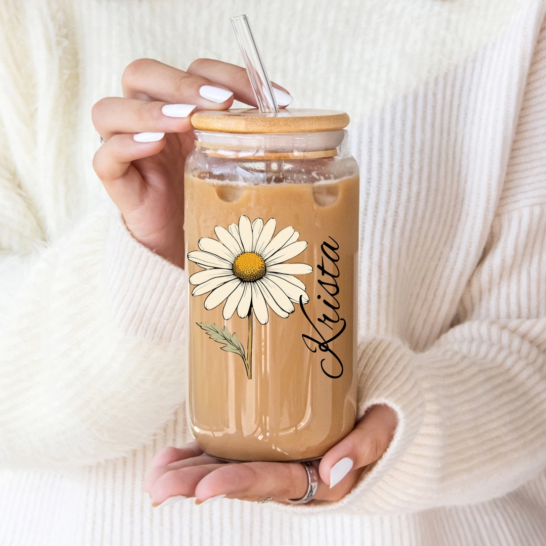 Personalized Birth Flower Iced Coffee Cup With Lid, Iced Coffee Glass ...