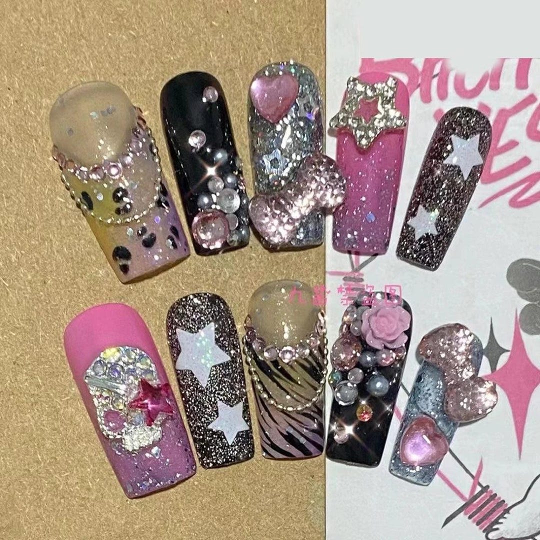 Y2K Spice Girl Long Duck Feet Press on Fake Nails Punk Pink Metal Rivet ...