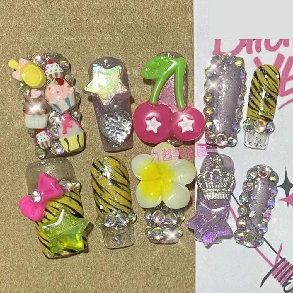 Y2K Spice Girl Long Duck Feet Press on Fake Nails Punk Pink Metal Rivet ...