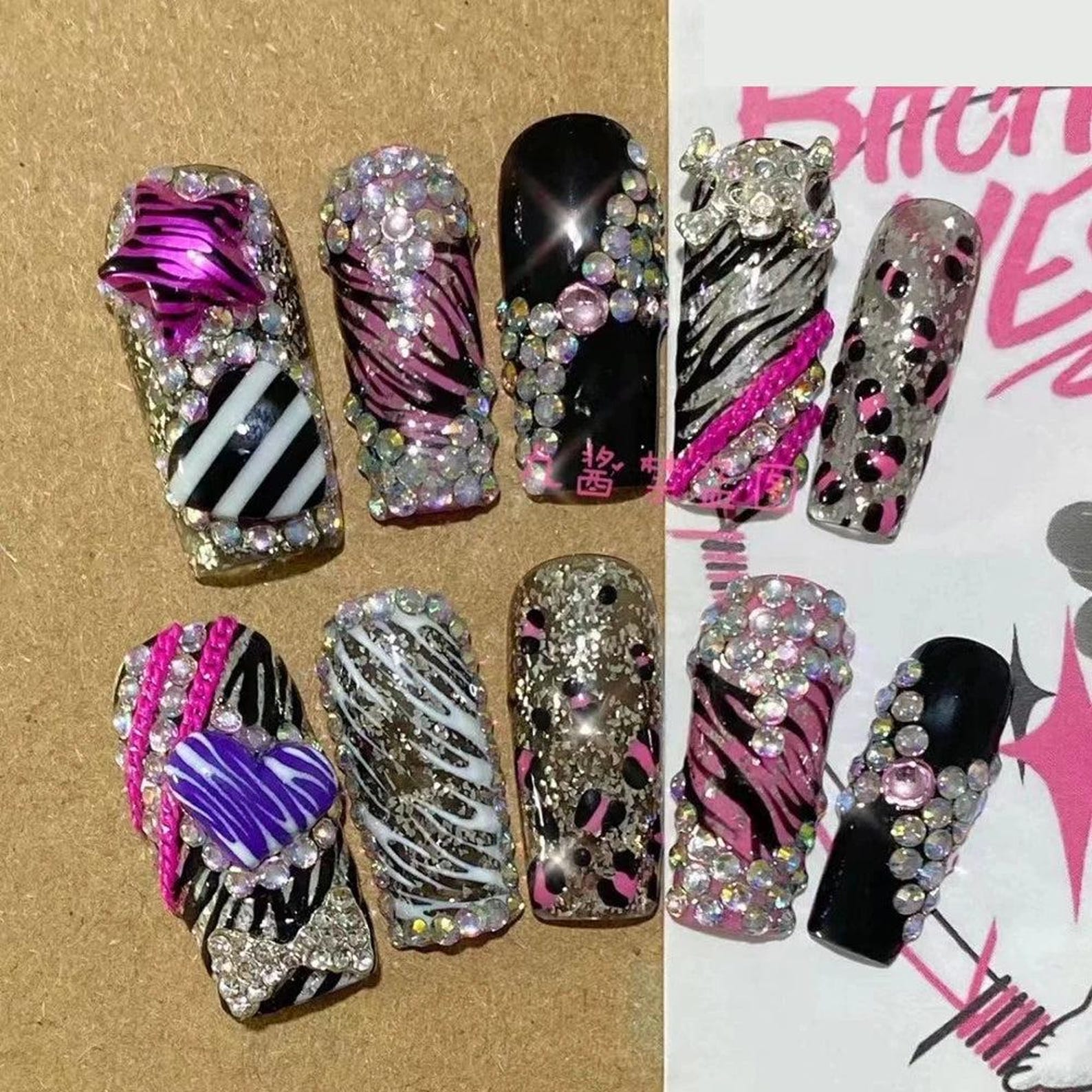 Y2K Spice Girl Long Duck Feet Press on Fake Nails Punk Pink Metal Rivet ...