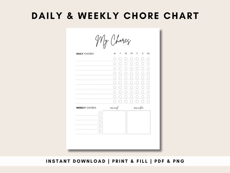 Printable Chore Chart | Instant Download Chore Tracker | Daily Weekly ...