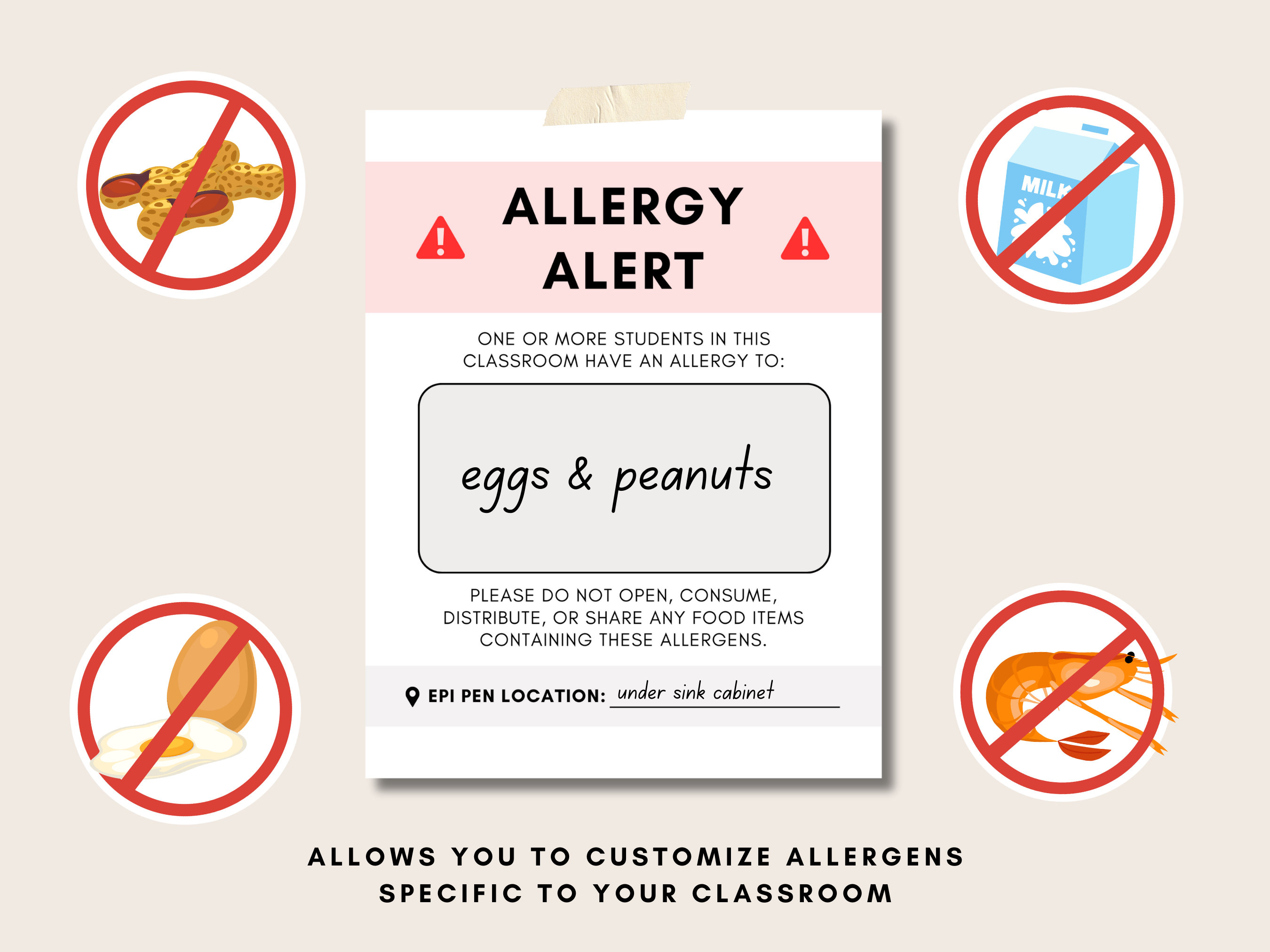 Printable Allergy Alert Sign | Classroom Allergy Warning | School ...