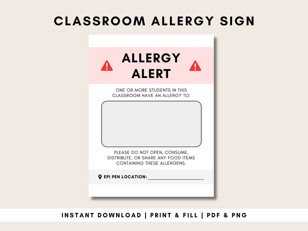 Printable Allergy Alert Sign | Classroom Allergy Warning | School ...
