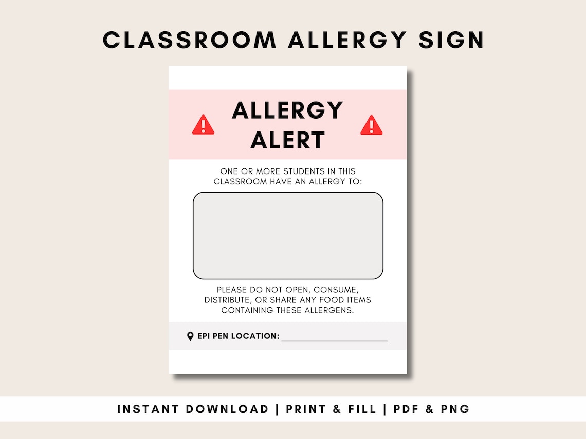 Printable Allergy Alert Sign | Classroom Allergy Warning | School ...