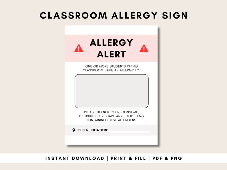 Printable Allergy Alert Sign | Classroom Allergy Warning | School ...