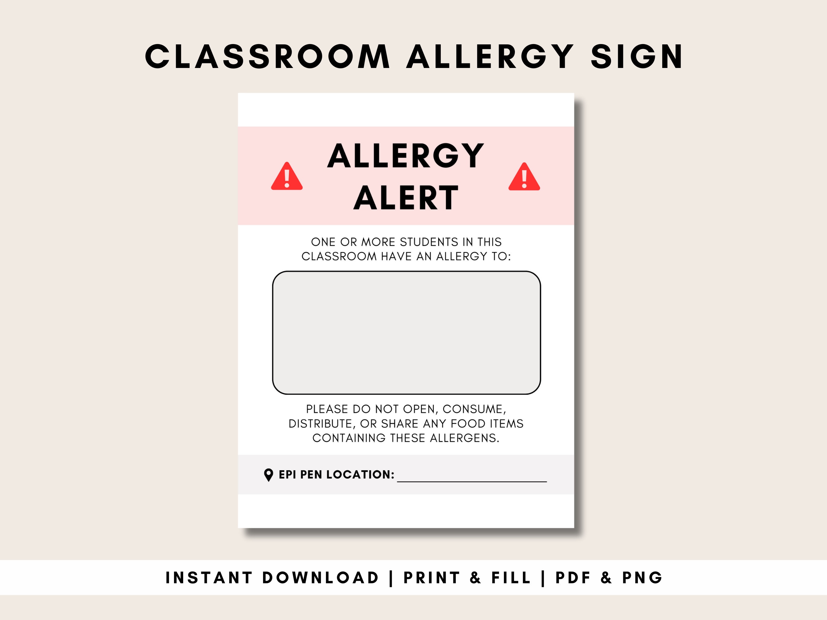 Printable Allergy Alert Sign | Classroom Allergy Warning | School ...