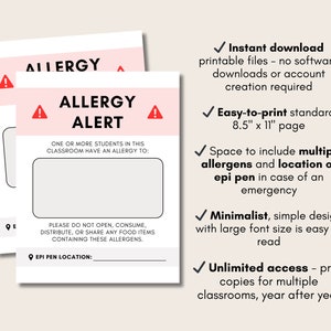 Printable Allergy Alert Sign | Classroom Allergy Warning | School ...