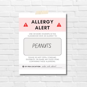 Printable Allergy Alert Sign | Classroom Allergy Warning | School ...