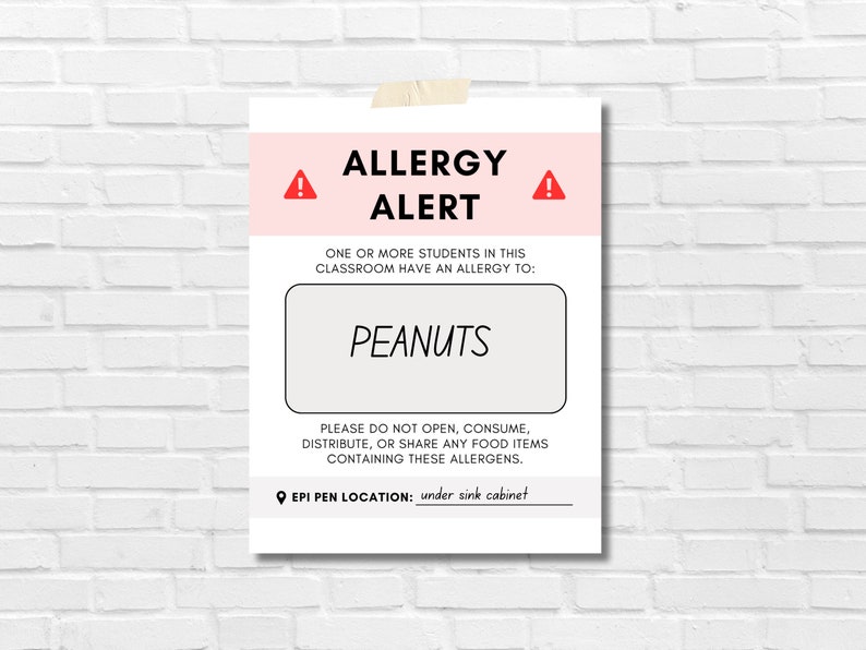 Printable Allergy Alert Sign | Classroom Allergy Warning | School ...